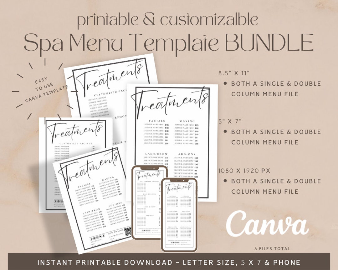 Treatment Menu Template Bundle - Canva Template Download - Etsy