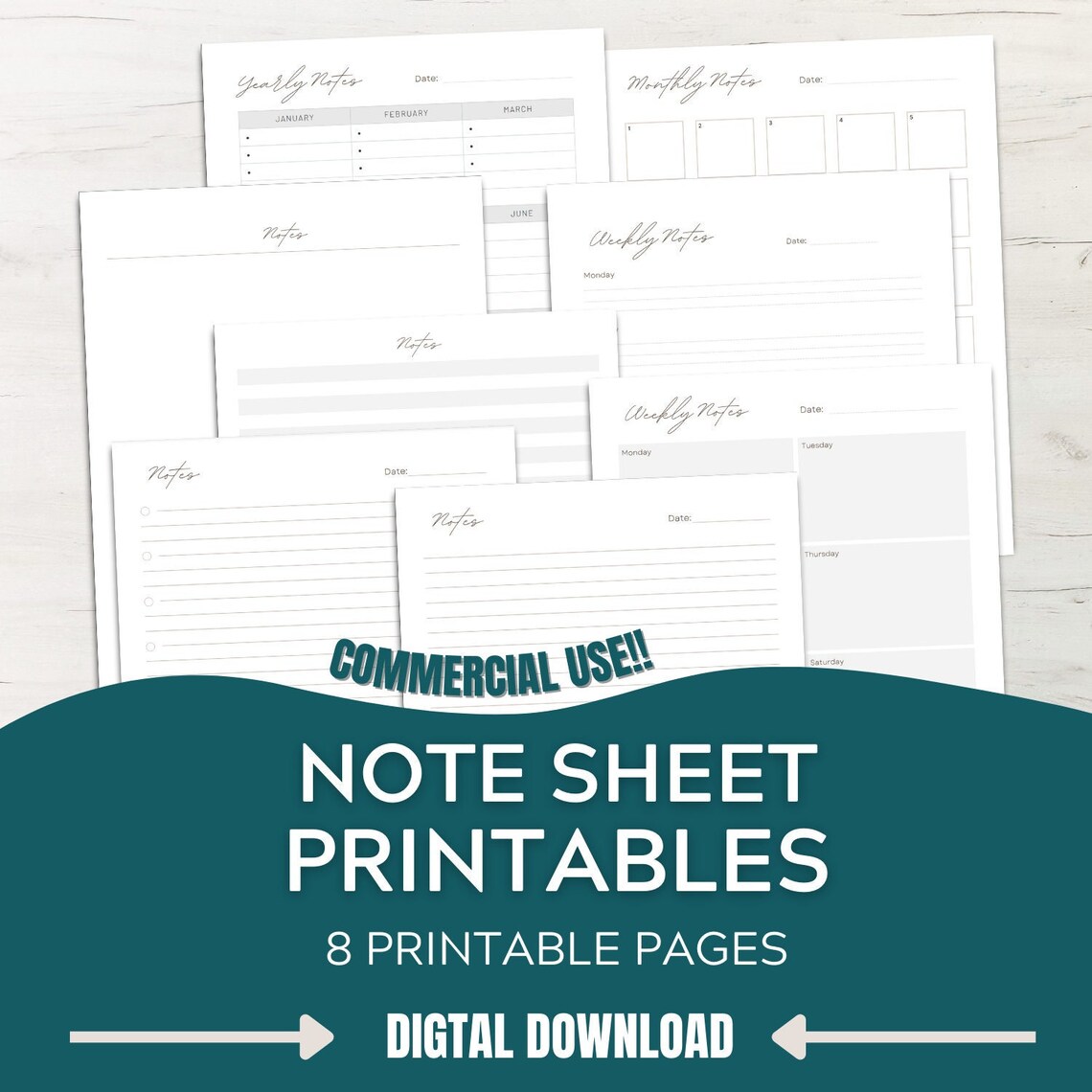 Commercial Use Note Sheet Printables. 8 Instant Note Sheets. Digital ...
