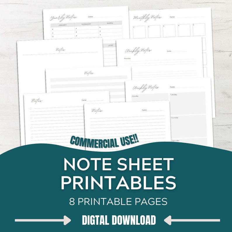 Commercial Use! Note Sheet Printables. 8 Instant Note Sheets. Digital ...