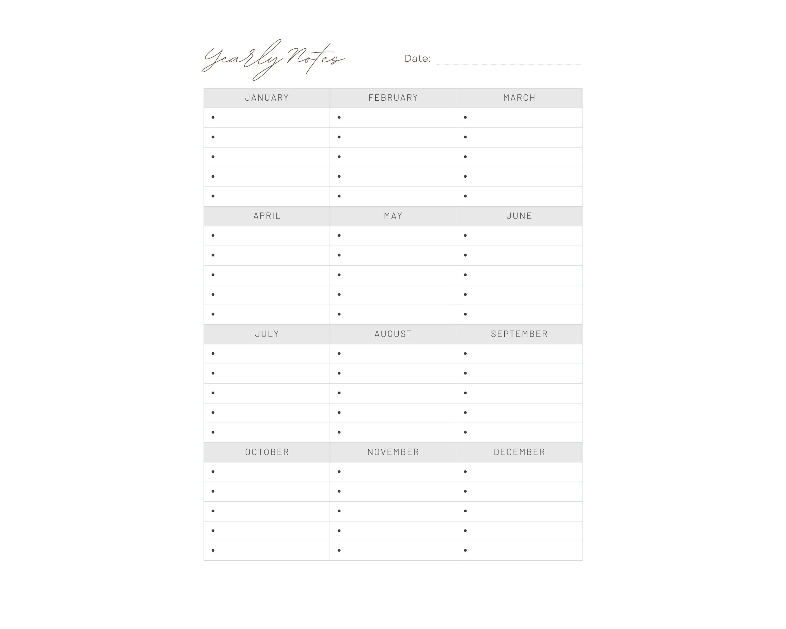 Yearly Notes Template | Planning Notes Template | Printable | Notes ...