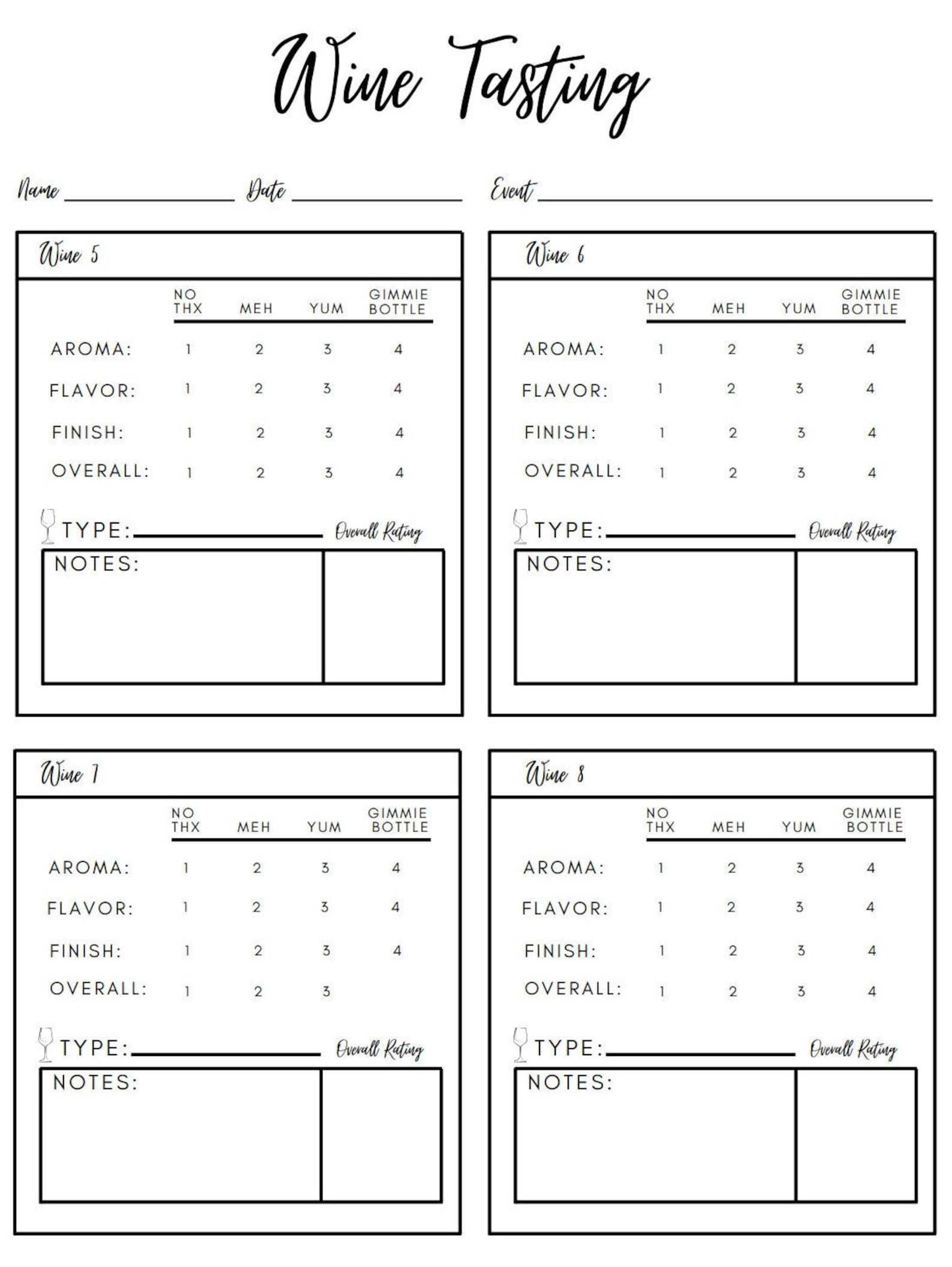 Wine Tasting Score Card (up to 8 Wines) - Etsy