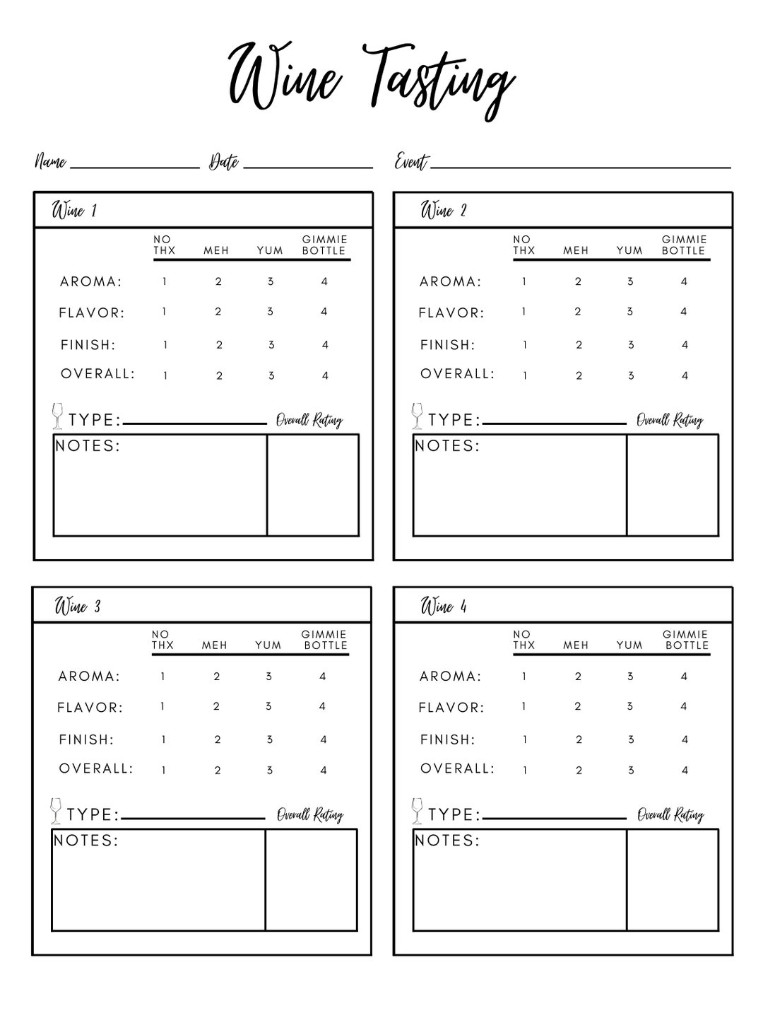 Wine Tasting Score Card (up to 8 Wines) - Etsy