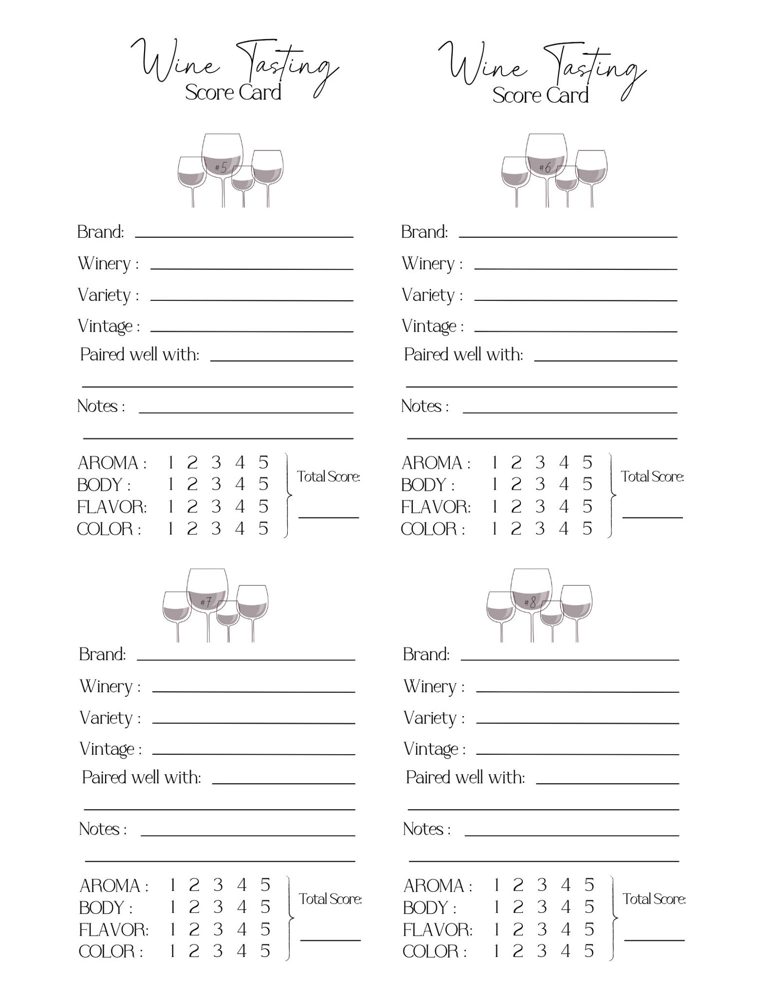 Wine Tasting Score Card (8 Wines) - Etsy