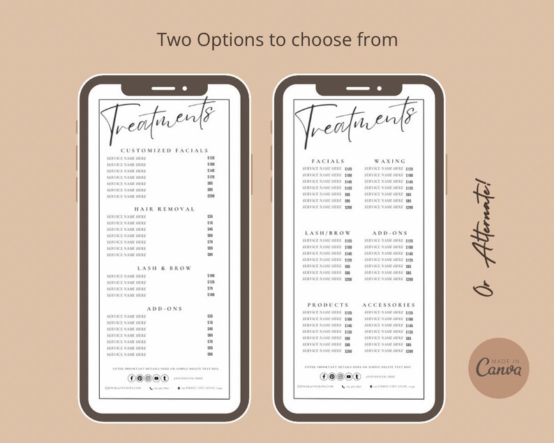 Treatment Menu Template Bundle - Canva Template Download - Etsy
