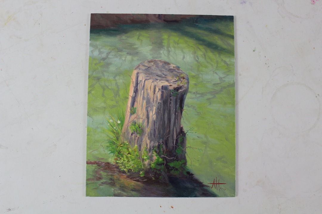 ORIGINAL Oil Painting: Tree Stump in the River, Texas Outdoor Nature ...