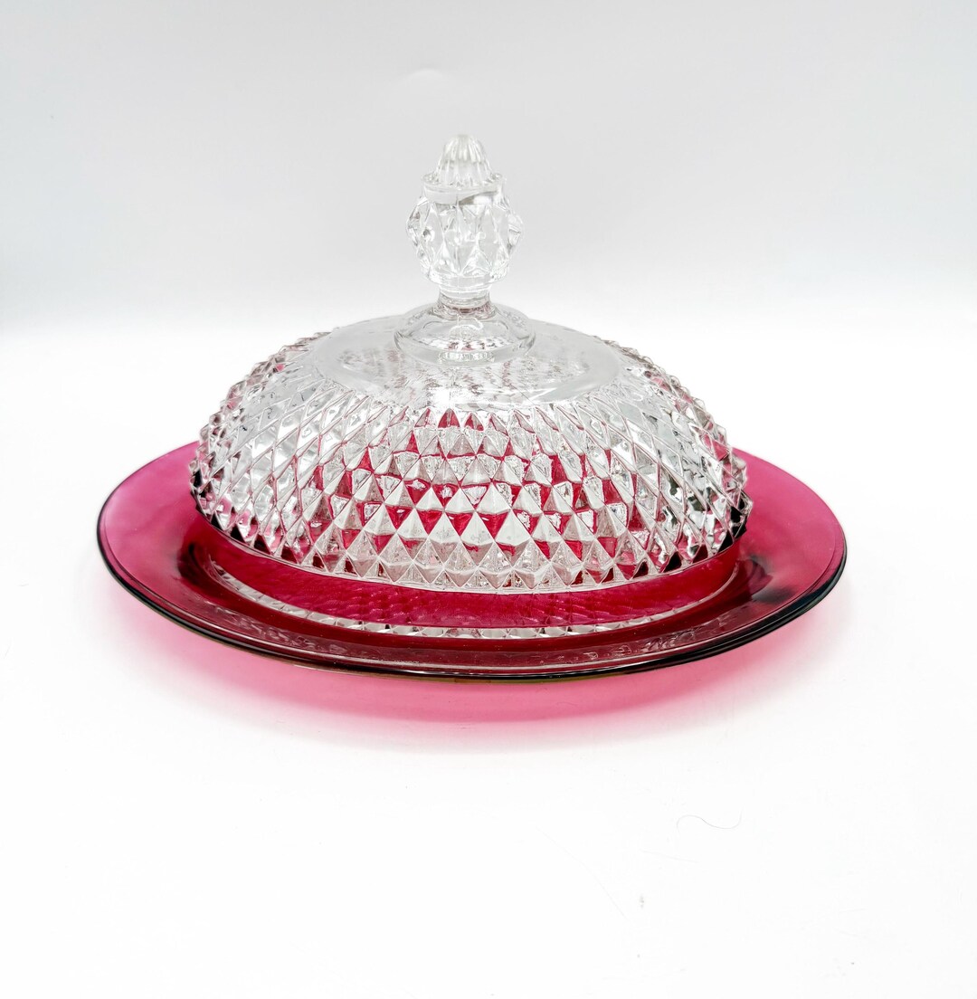 Vintage Indiana Glass Ruby Red Flash Diamond Point Oval Covered Butter ...