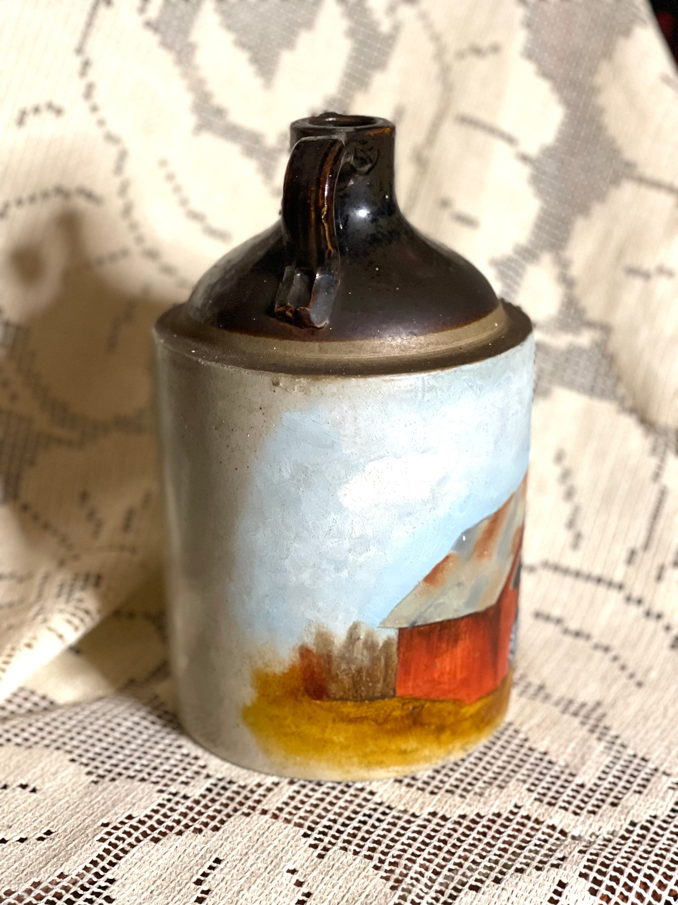 Folk Art Jug Stoneware Crock Moonshine Hand Painted Barn Well Farmhouse ...