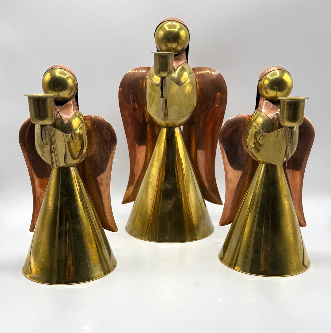 Set of 3 Brass & Copper Angels Angel Candle Holders 8” 11” Christmas ...