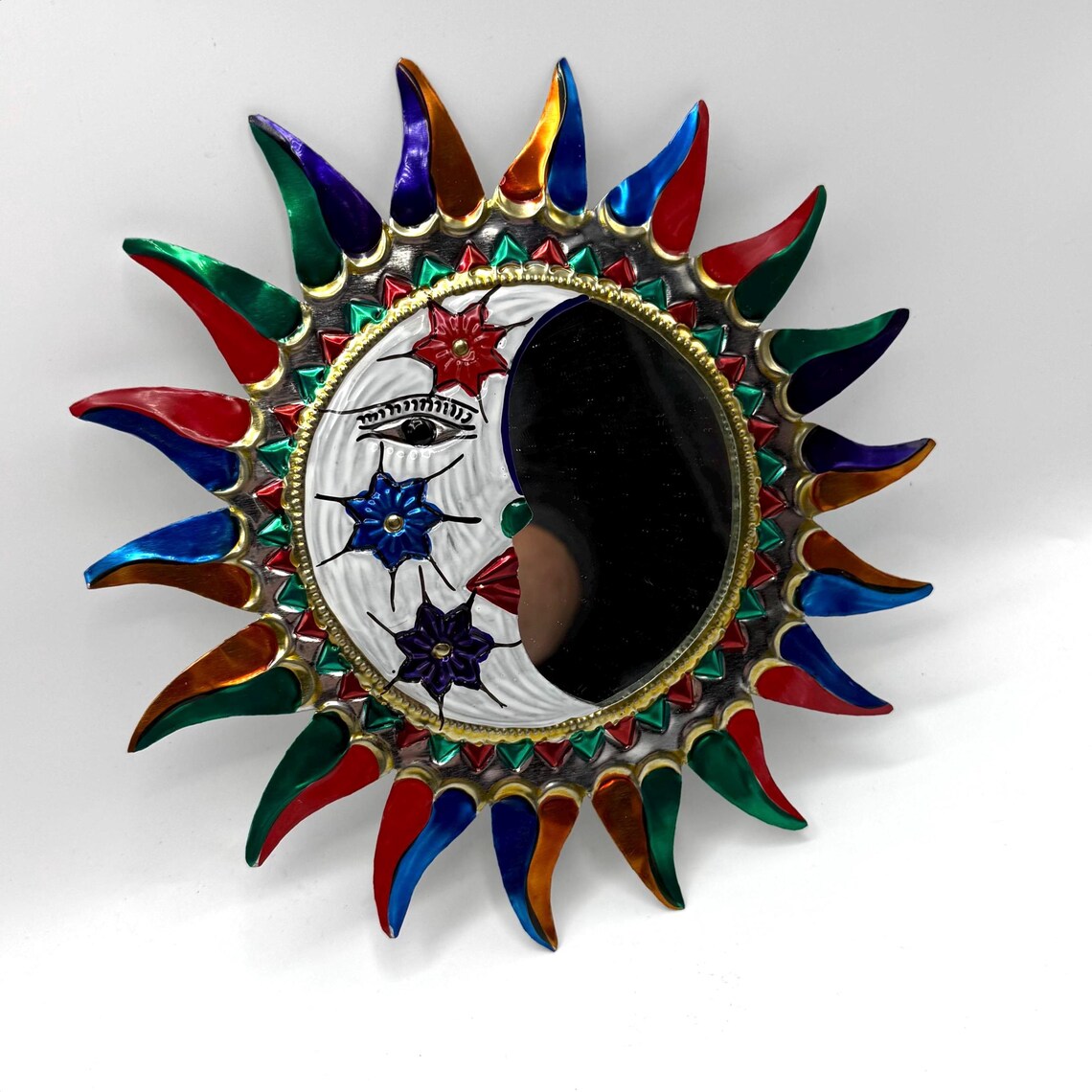 Vintage Hojalata Mexican Tin Art Sun Moon Mirror Painted Wall Hanging ...