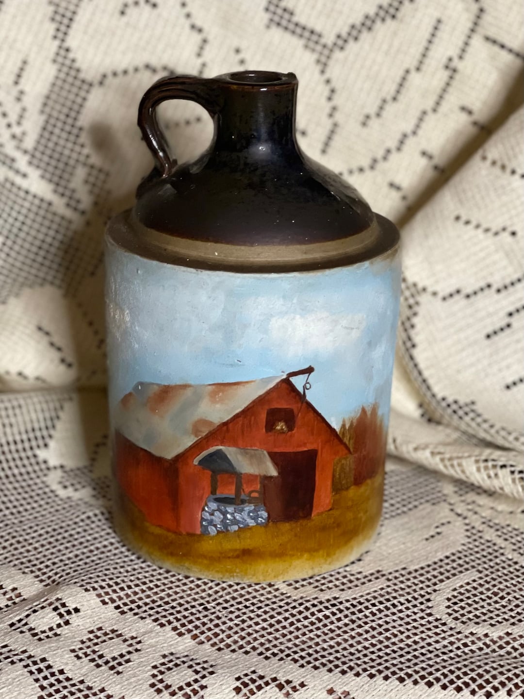 Folk Art Jug Stoneware Crock Moonshine Hand Painted Barn Well Farmhouse ...