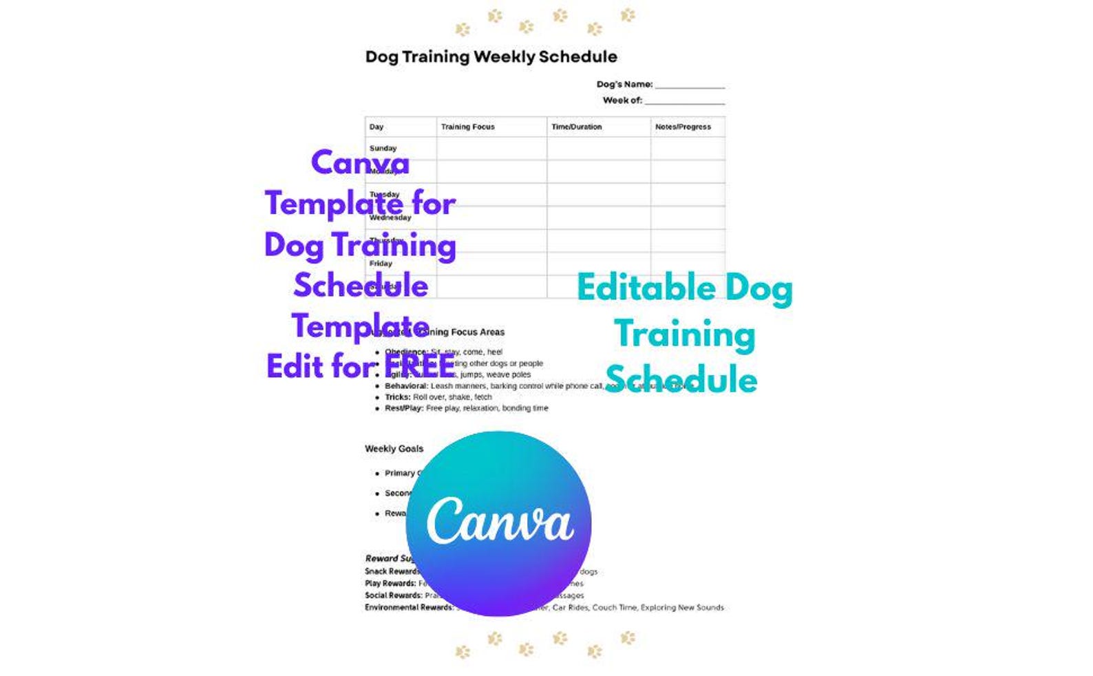 Dog Training Schedule Template CANVA Template Edit for FREE - Etsy