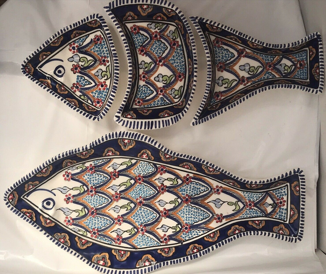 Tunisian Delightful Dining. Ceramic Fish Plate or 4 Piece Set. Rainbow ...