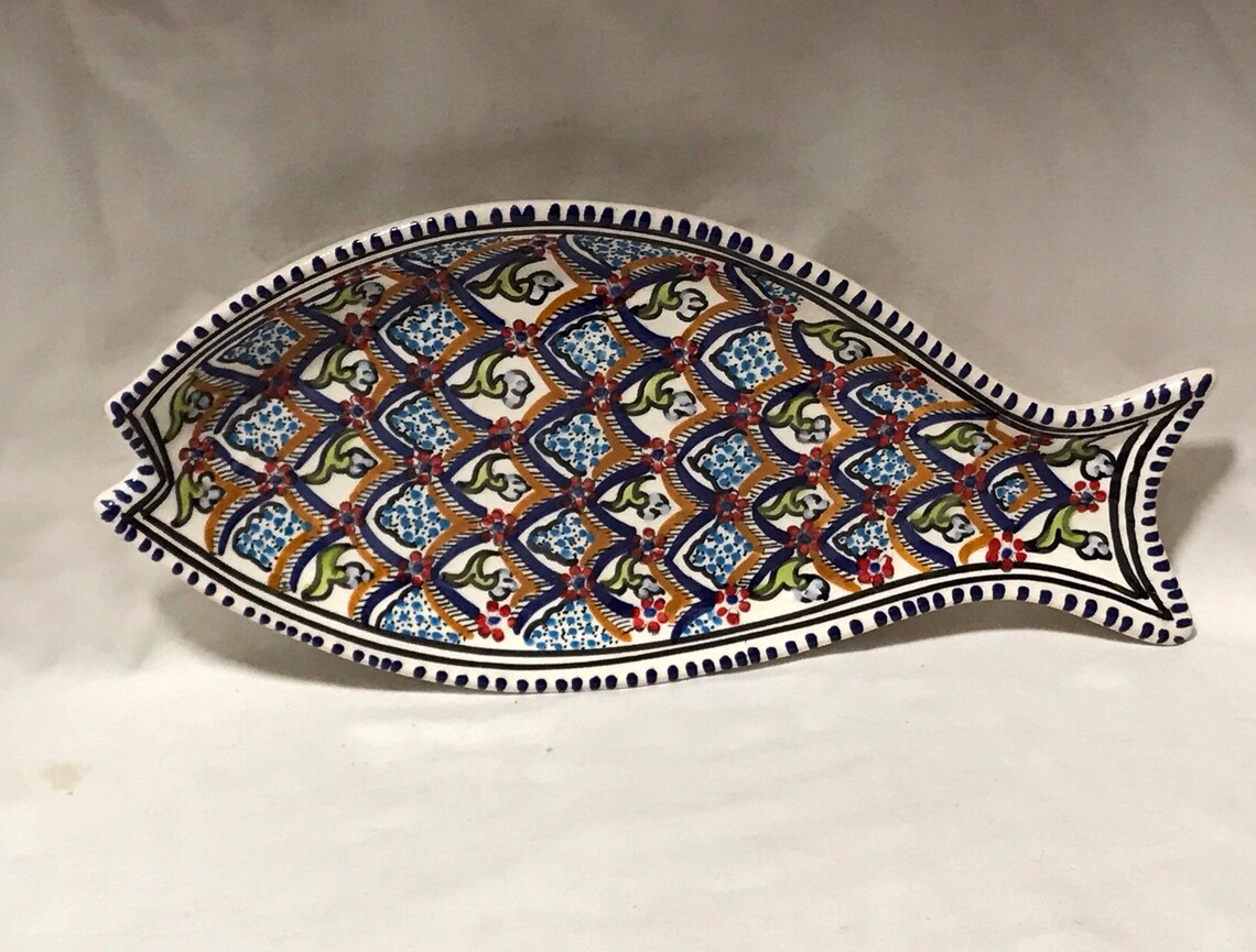 Tunisian Delightful Dining. Ceramic Fish Plate or 4 Piece Set. Rainbow ...