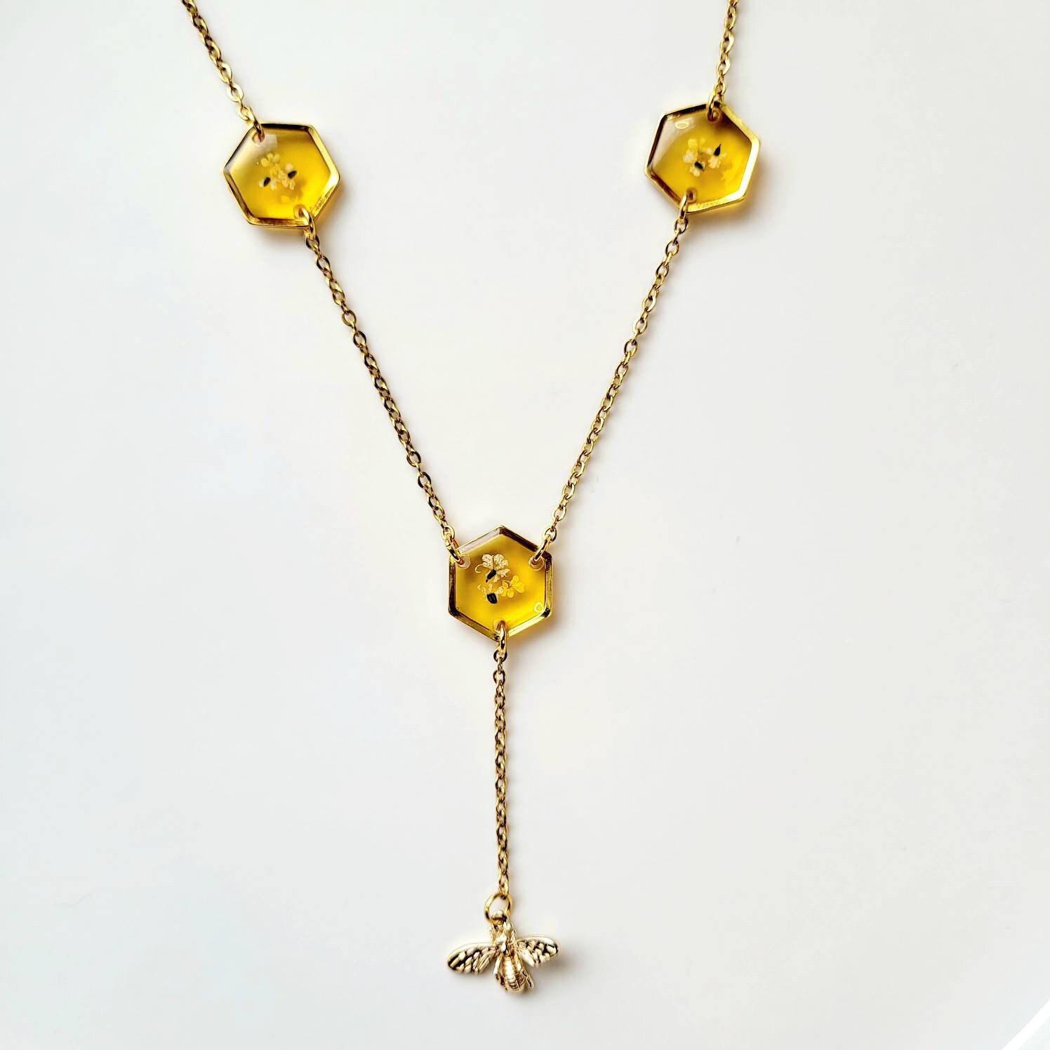 Gold Honey Bee Y Necklace: Real Flower Hexagon Charm - Etsy