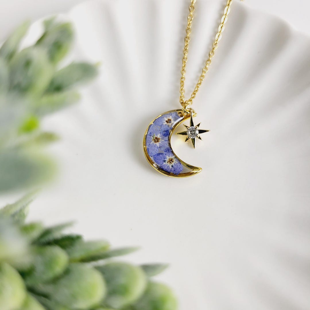 Forget-me-nots Moon Star Necklace, Real Pressed Wildflower Pendant ...