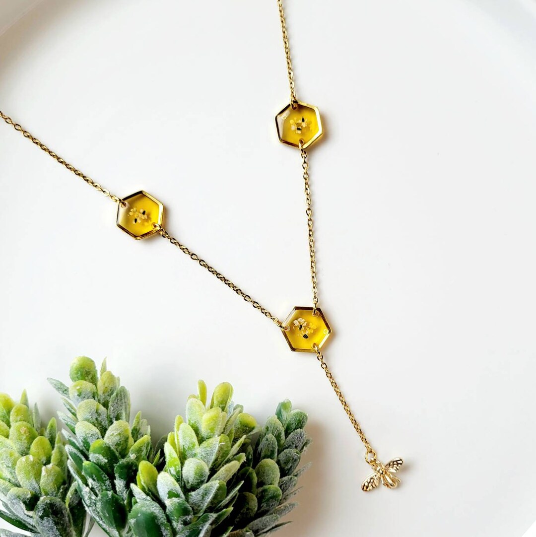 Gold Honey Bee Y Necklace: Real Flower Hexagon Charm - Etsy