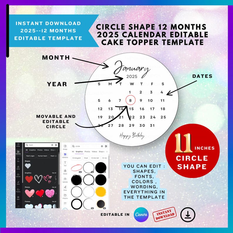 11 Inches Customizable Cake Topper Burn Away Cake Calendar 2025 Cake ...