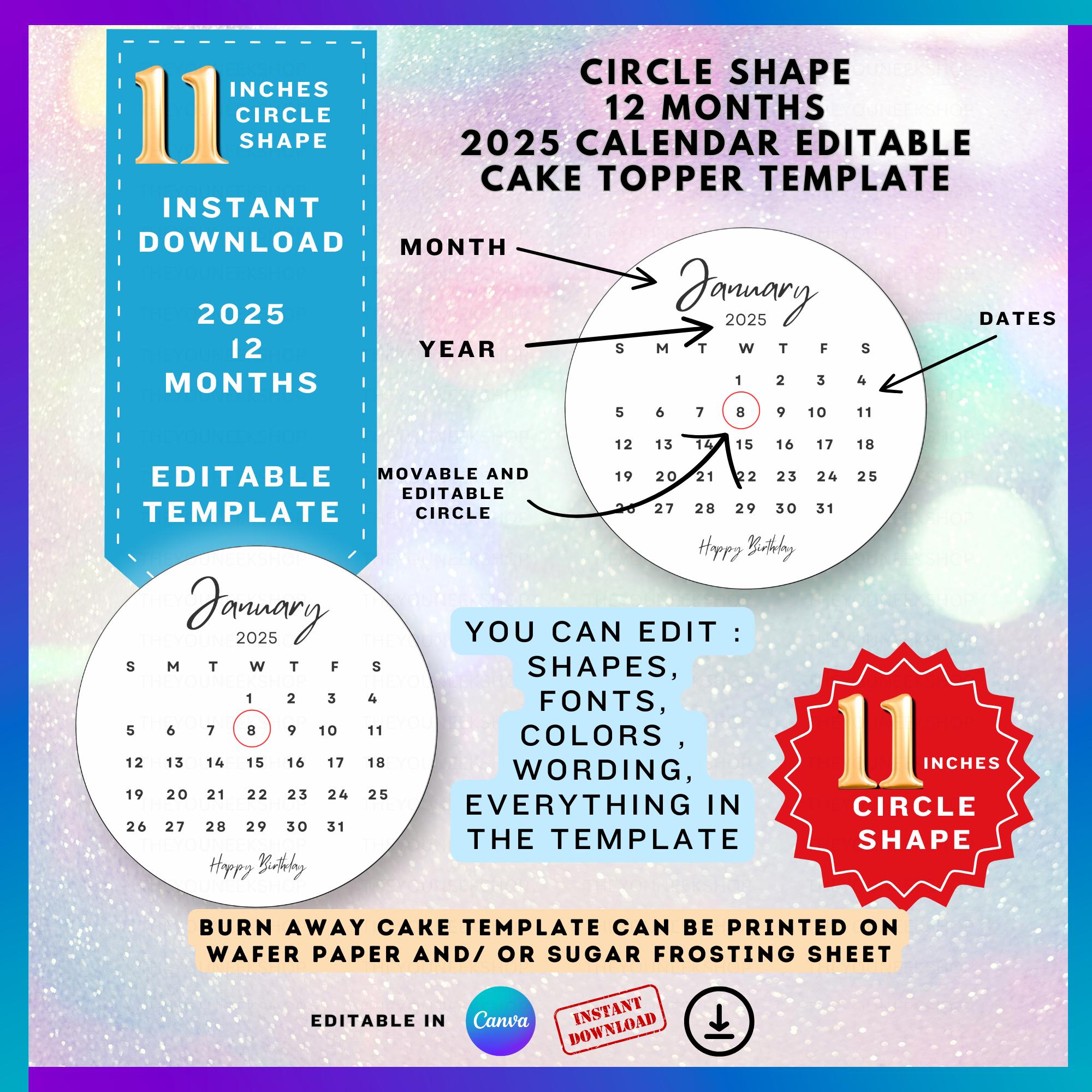 11 Inches Customizable Cake Topper Burn Away Cake Calendar 2025 Cake ...