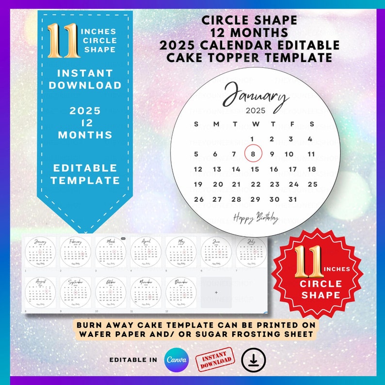 11 Inches Customizable Cake Topper Burn Away Cake Calendar 2025 Cake ...