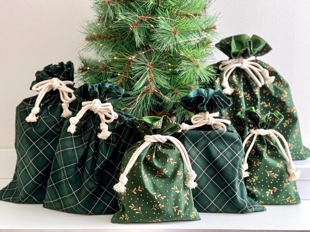 Santa Sack Traditional Green Reusable Gift Bag Set Individual Gift Bags ...