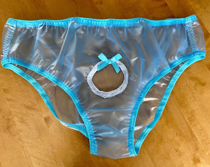 Sissy Blue Pvc Panties With Lace Trimmed Hole Knickers Waterproof