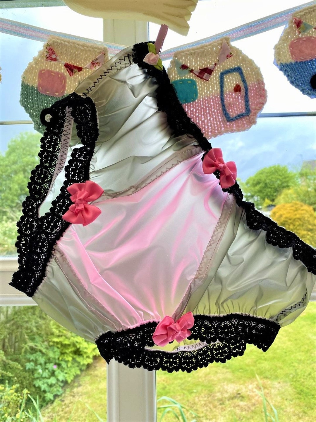 Sissy Black & Pink Pvc Panties Knickers Waterproof Plastic Lace Bows ...