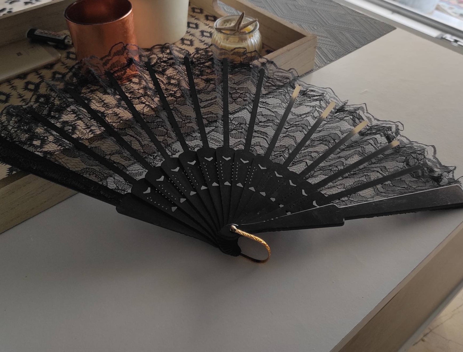 Black lace Hand fan 19cm | Etsy