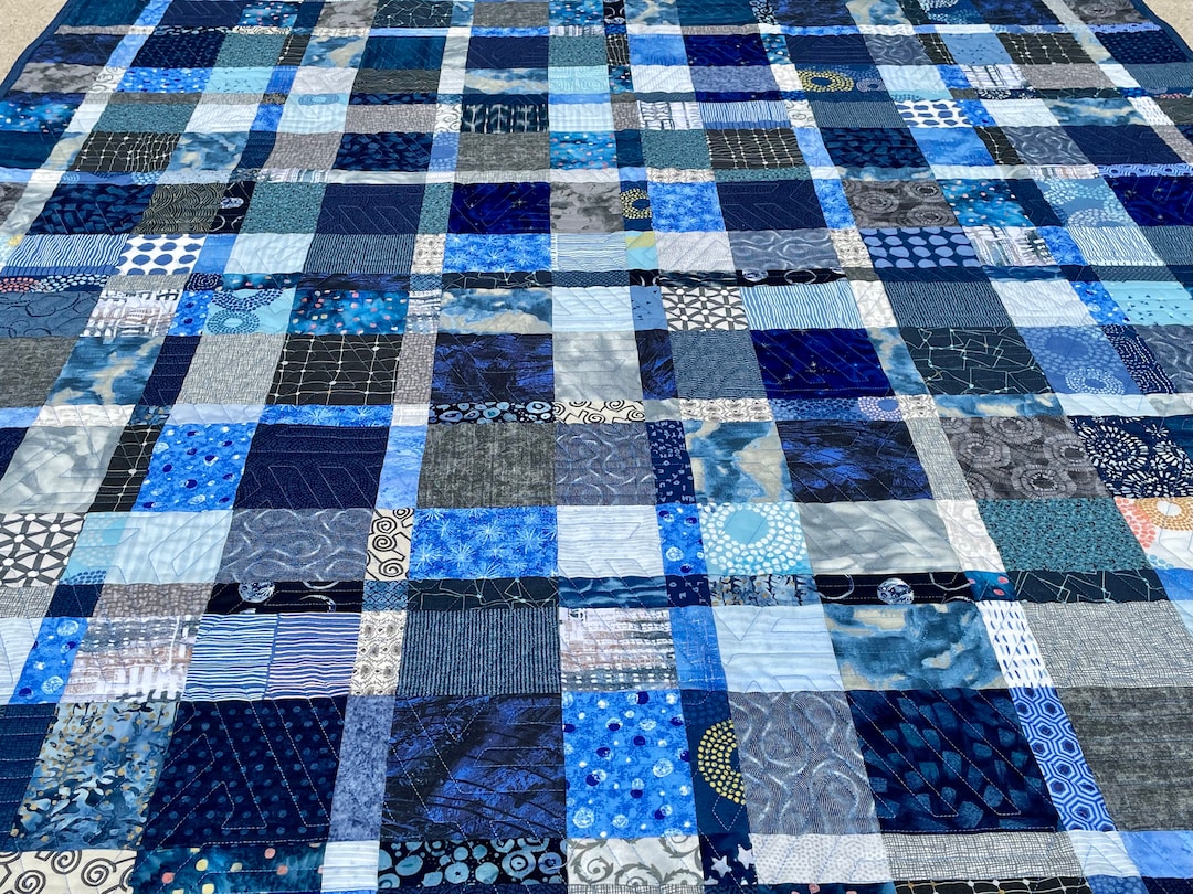 Scrappy Plaidish Quilt in Blue, White and Gray Handmade - Etsy