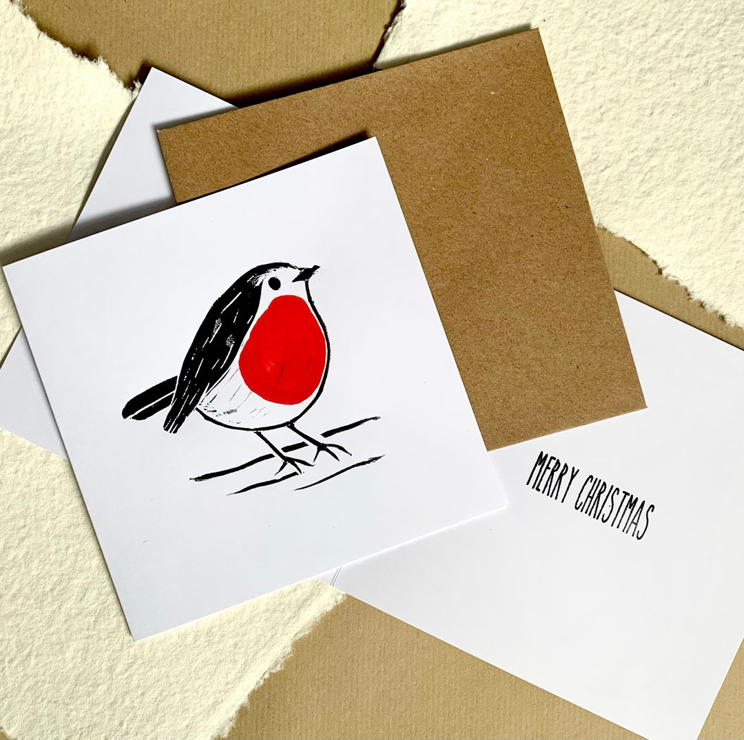 Hand Printed/hand Painted Robin Christmas Cards. Linocut Robin Print ...