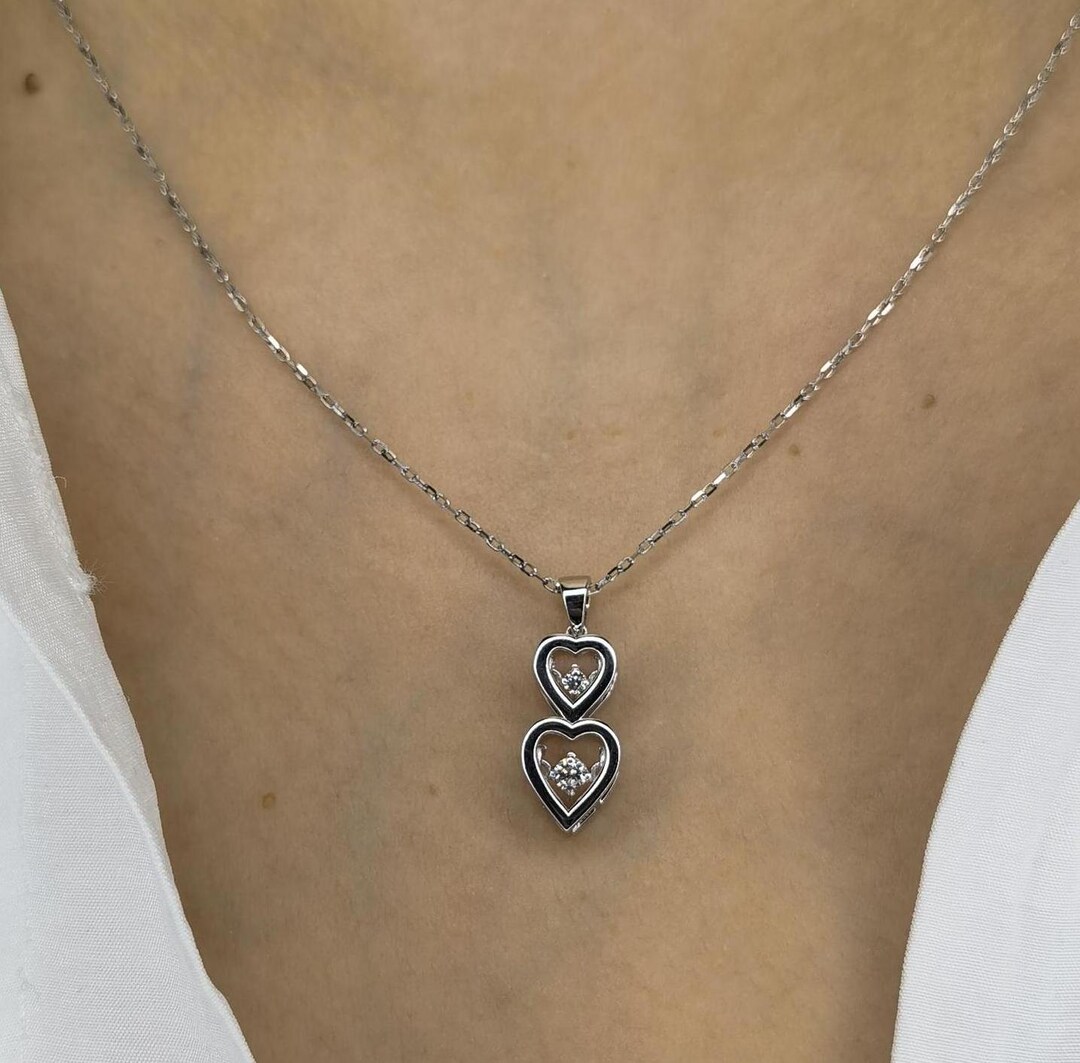 14K Gold Heart Dancing Diamond Pendant Necklace, Real 14K Pendant ...