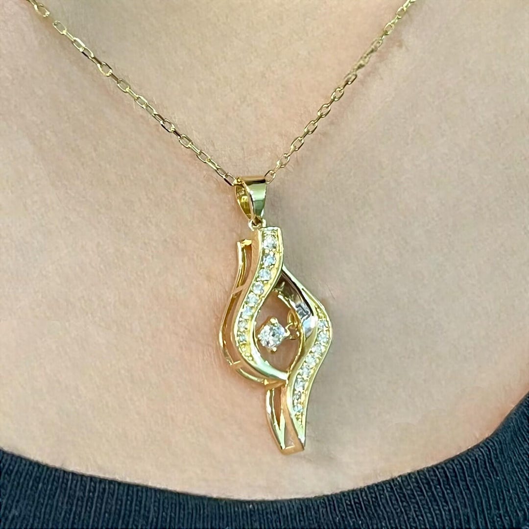 Dancing Diamond Pendant Necklace With Chain in Solid 14K Gold With ...