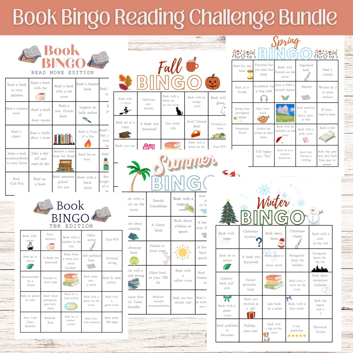 Printable Book Bingo Reading Challenge Bundle, TBR Reading Challenge ...