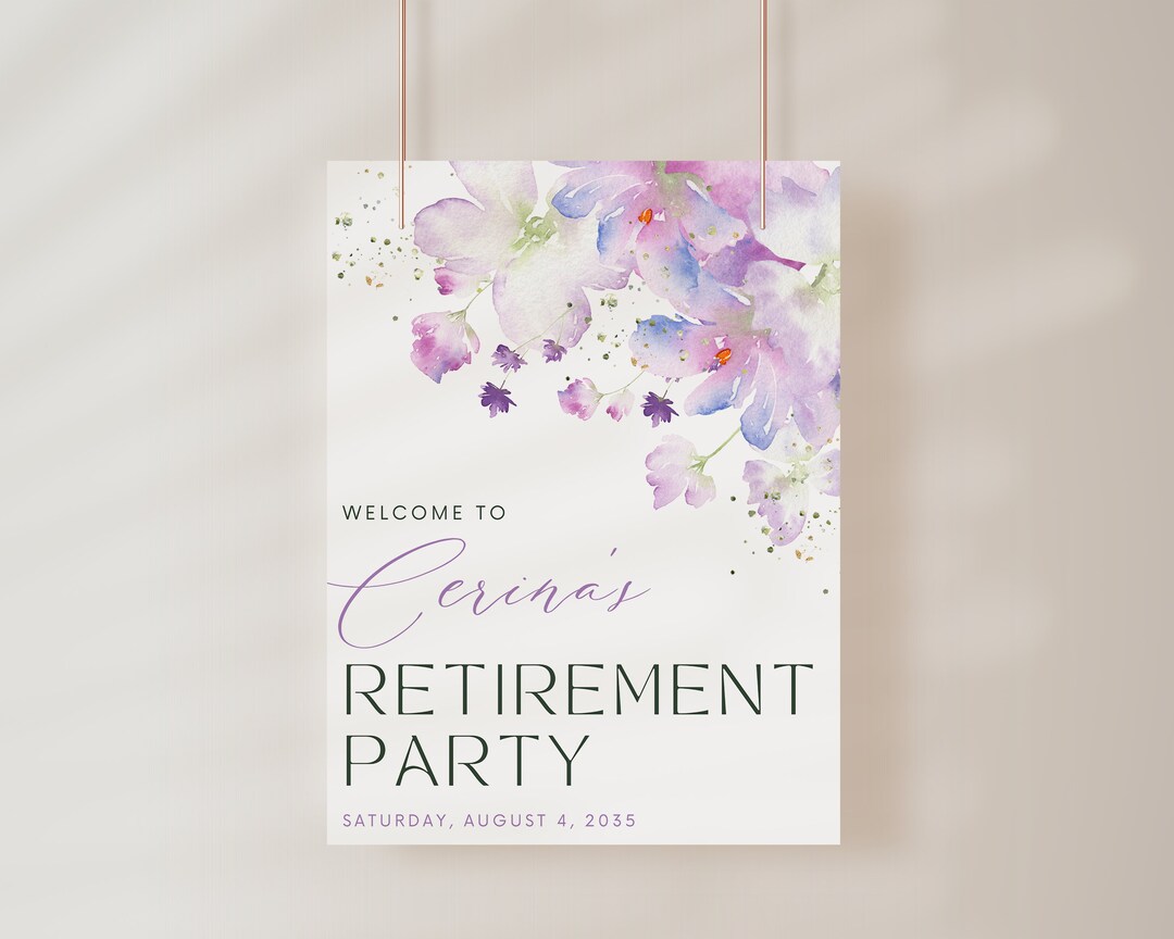 Retirement Party Welcome Sign, Purple Floral Roses, Printable Greenery ...
