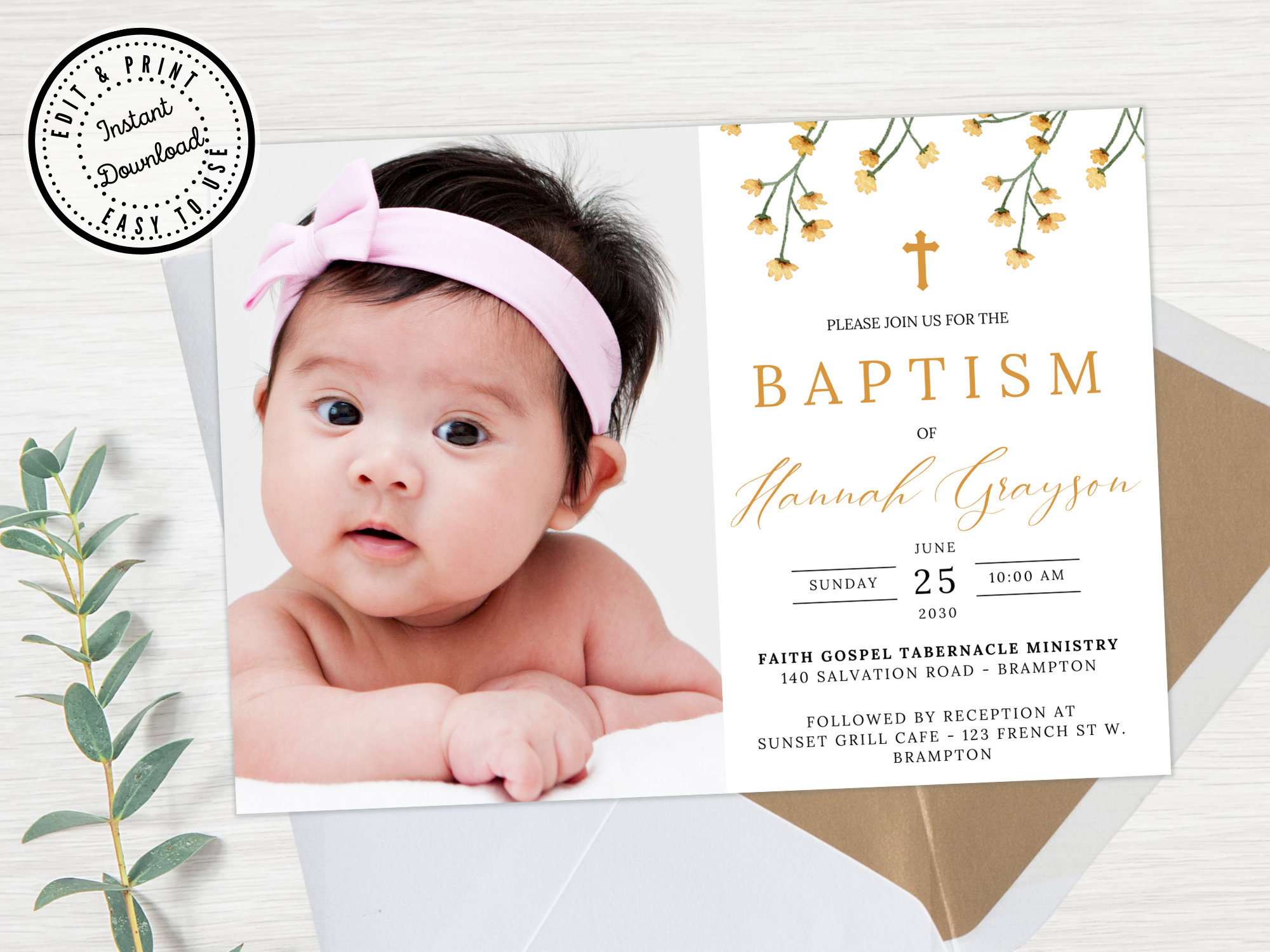 Editable Baptism Invitation Template Watercolor Yellow Wild - Etsy