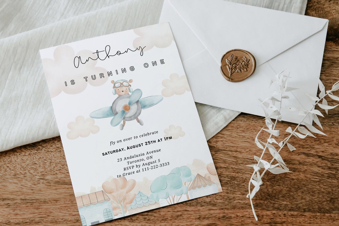 Airplane Birthday Invitation Template, Modern Plane Invitation, Airplane Invitation, Aviation ...
