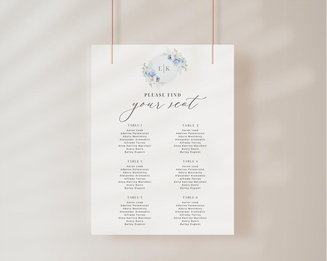 Wedding Seating Chart Template, 6 Tables Printable Seating Plan, Sweet ...