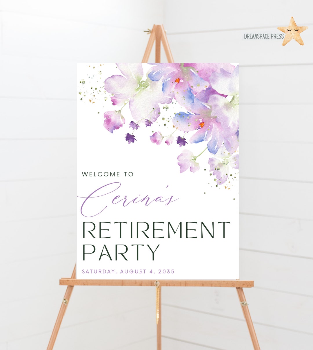 Retirement Party Welcome Sign Purple Floral Roses Printable - Etsy