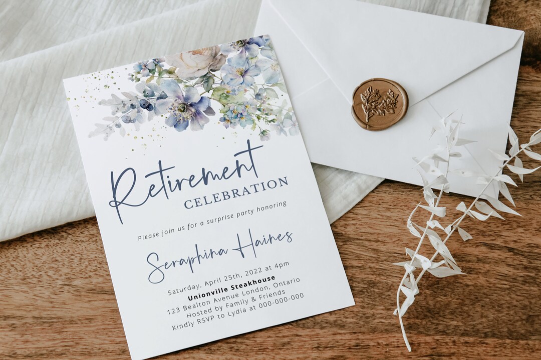 Greenery Blue Roses & Gold Retirement Party Invitation Template ...