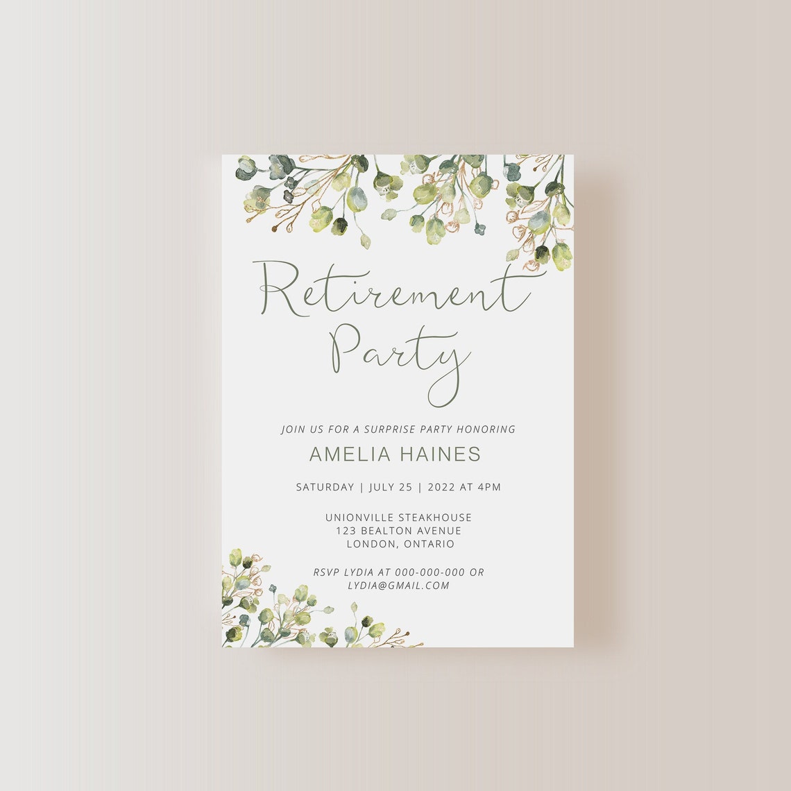 Greenery & Gold Retirement Party Invitation Template | Printable ...