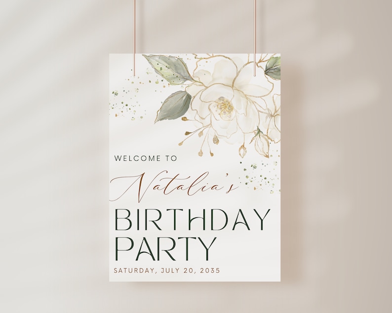 Birthday Party Welcome Sign, Gold Leaves Floral | Any Party Celebration ...
