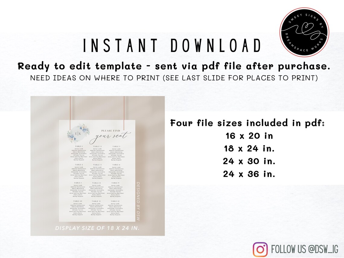 Wedding Seating Chart Template, 12-20 Tables Printable Seating Plan ...