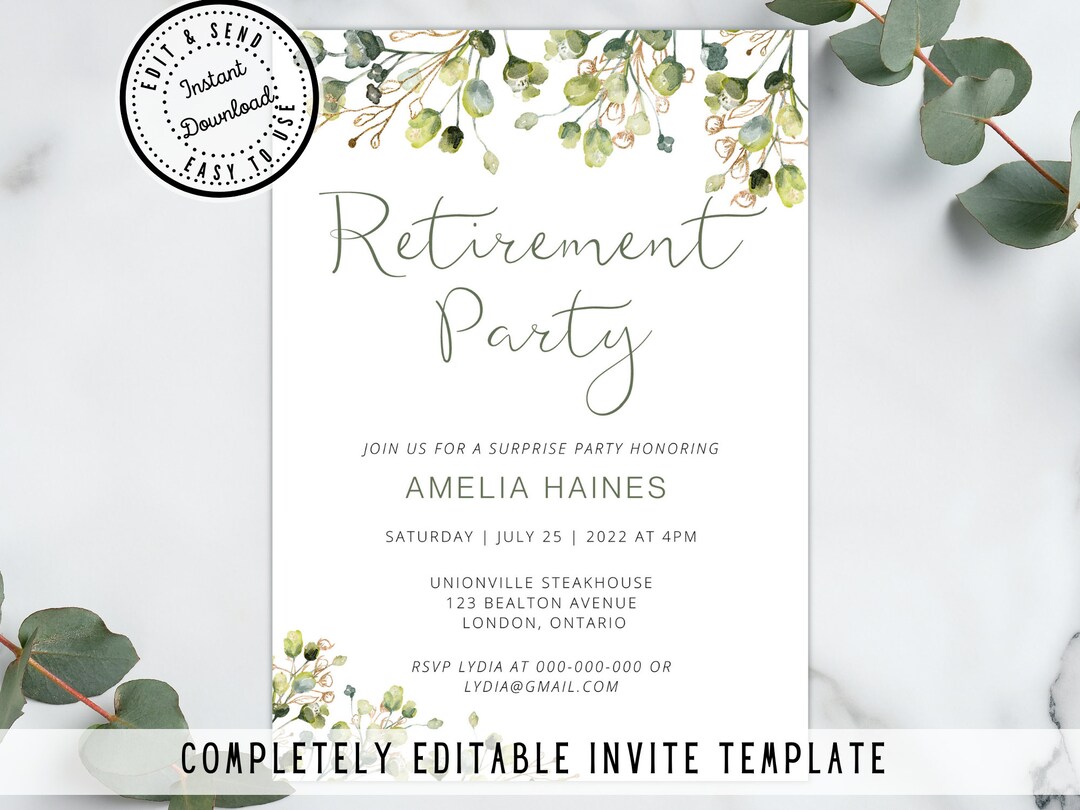 Greenery & Gold Retirement Party Invitation Template - Etsy
