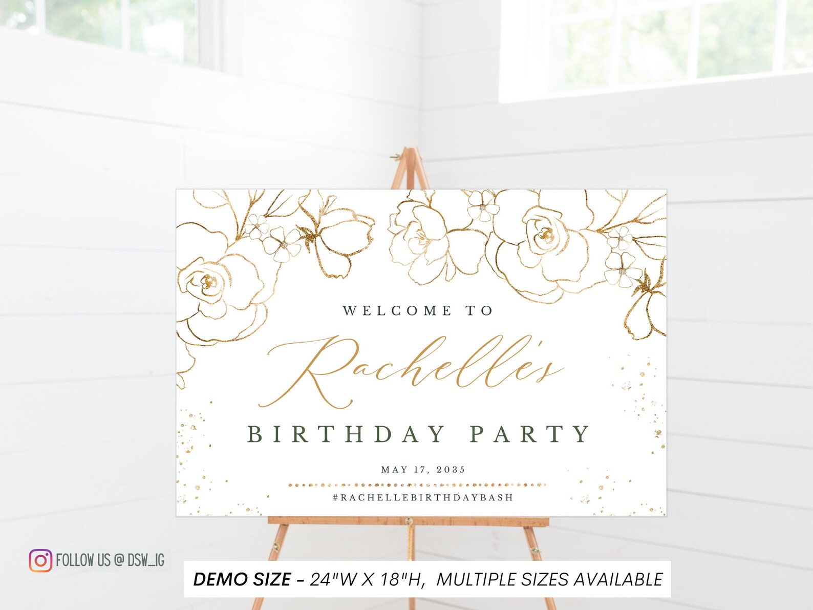 Birthday Party Welcome Sign, Gold Leaves Floral | Any Party Celebration ...