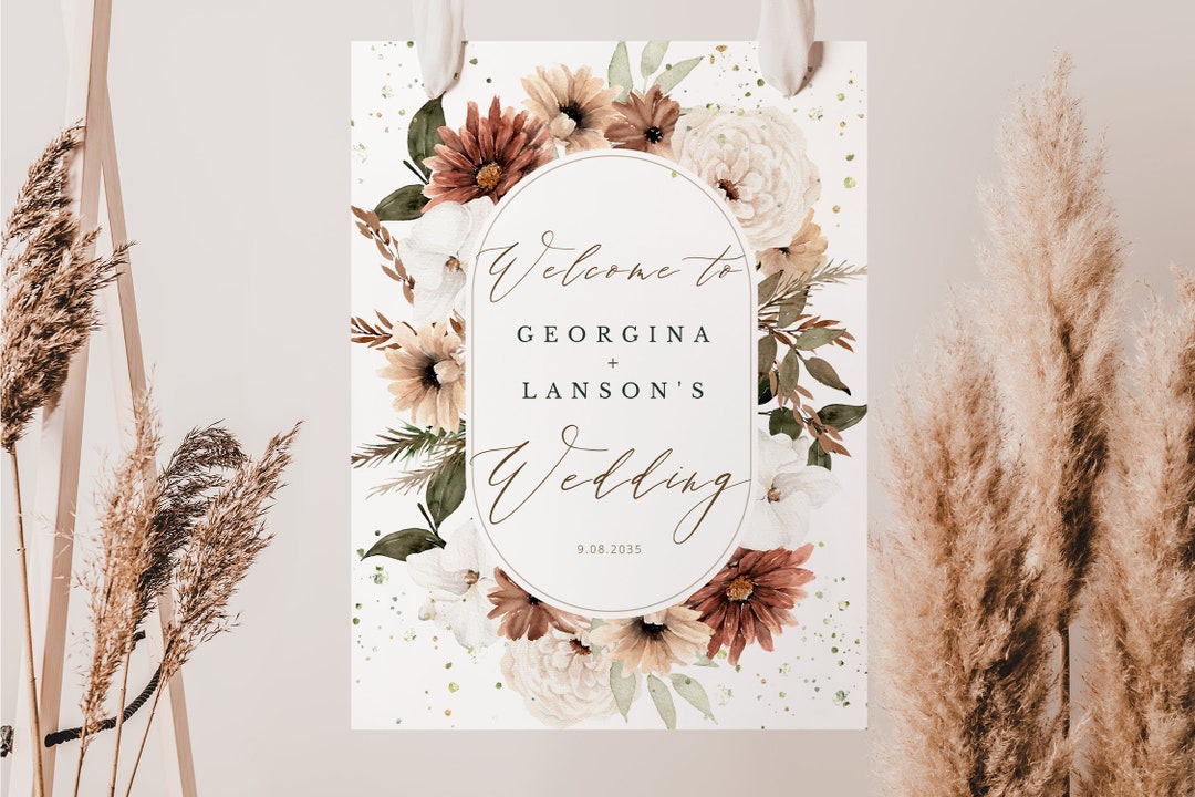 Boho Wedding Welcome Sign Template, Pampas Grass, Tropical Decor, Gold ...