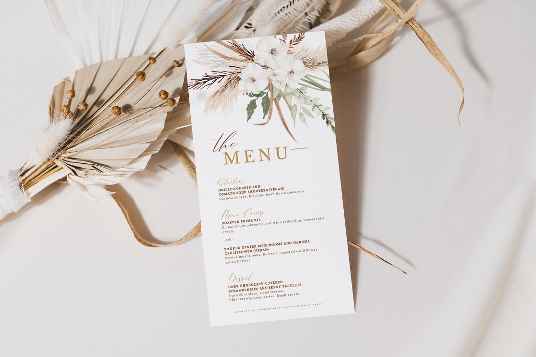 Wedding Menu Template, Boho Pampas Grass Tropical, Event Menu, Party ...