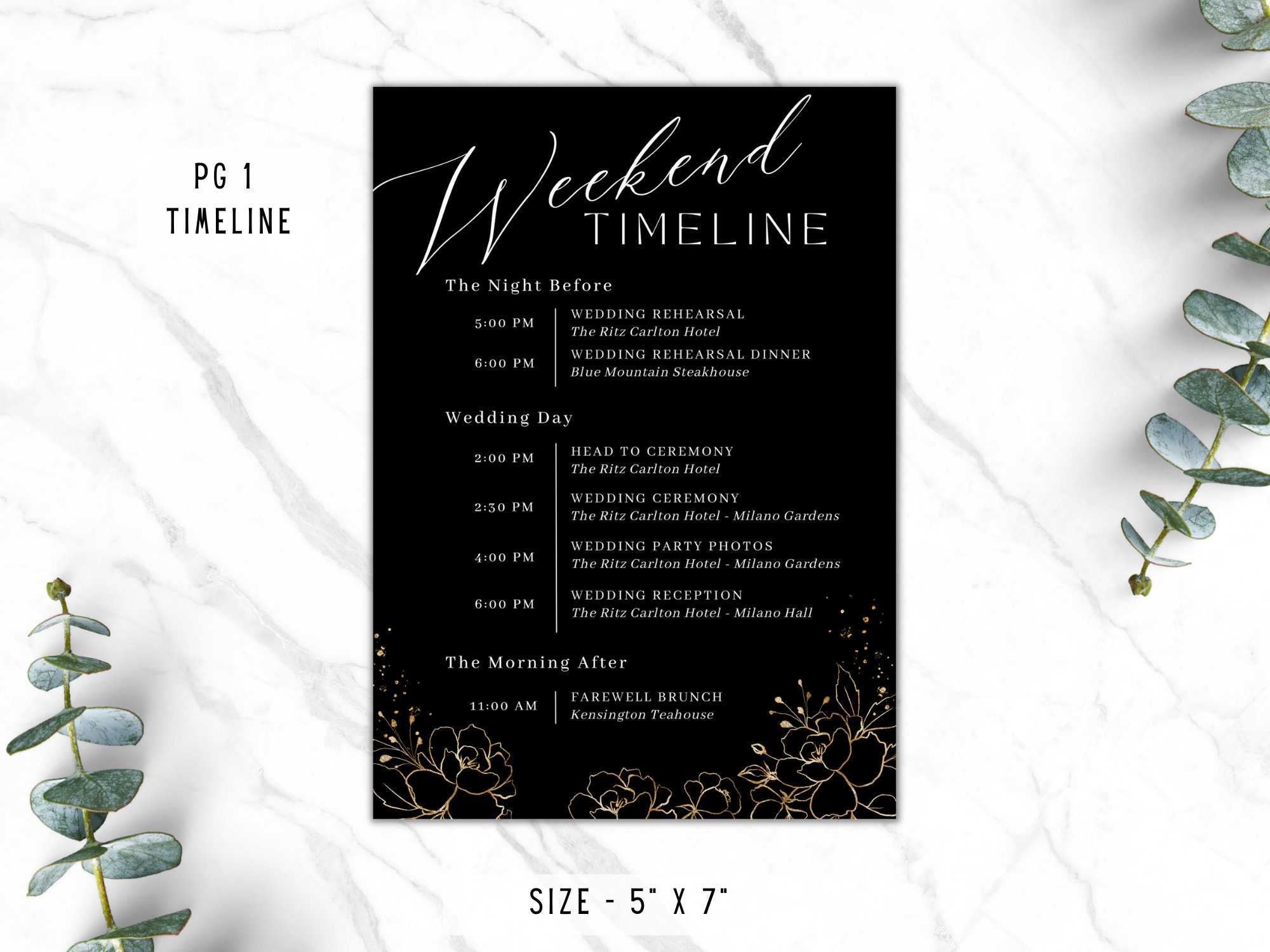 Wedding Weekend Editable Digital Schedule Gold Floral Black - Etsy