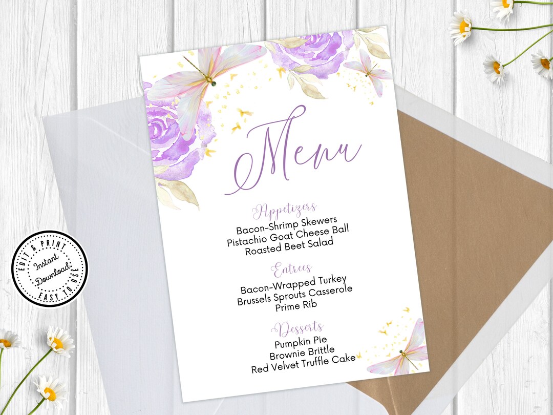 Purple Menu Template, Dragonflies & Purple Roses Editable, Event Party ...