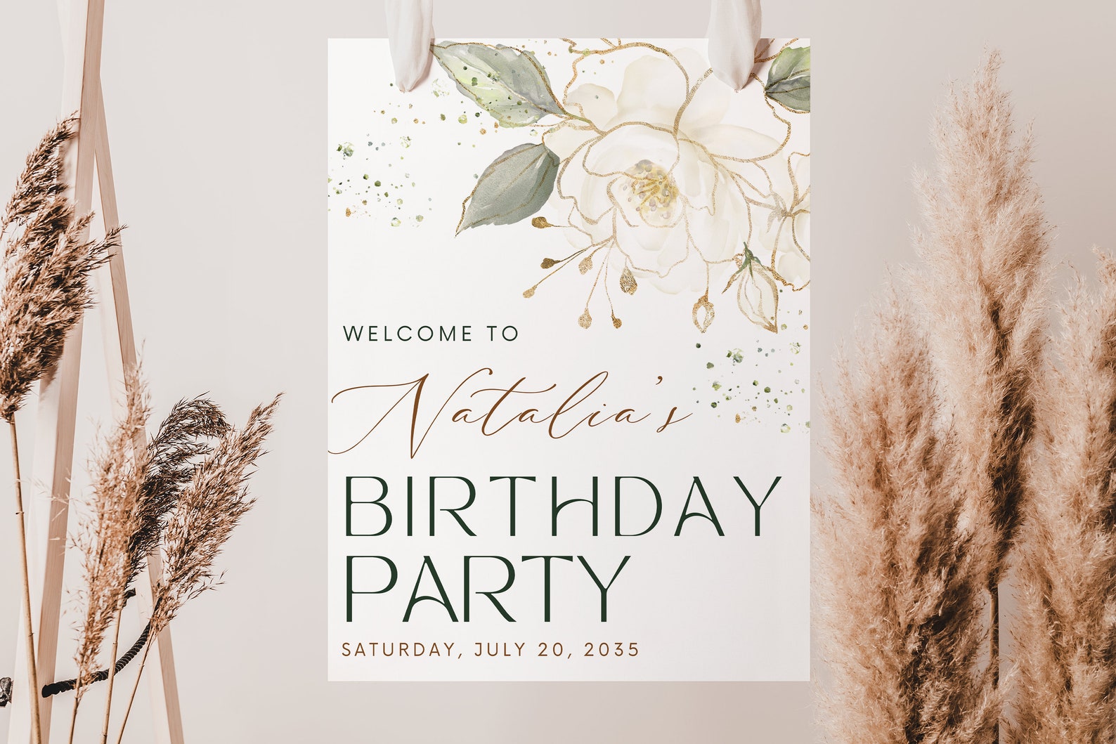Birthday Party Welcome Sign, Gold Leaves Floral | Any Party Celebration ...
