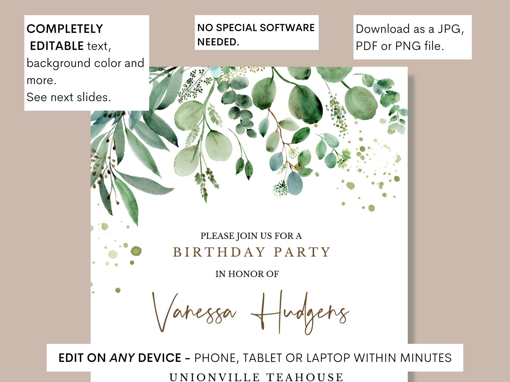 Greenery Birthday Party Invitation Template Printable - Etsy