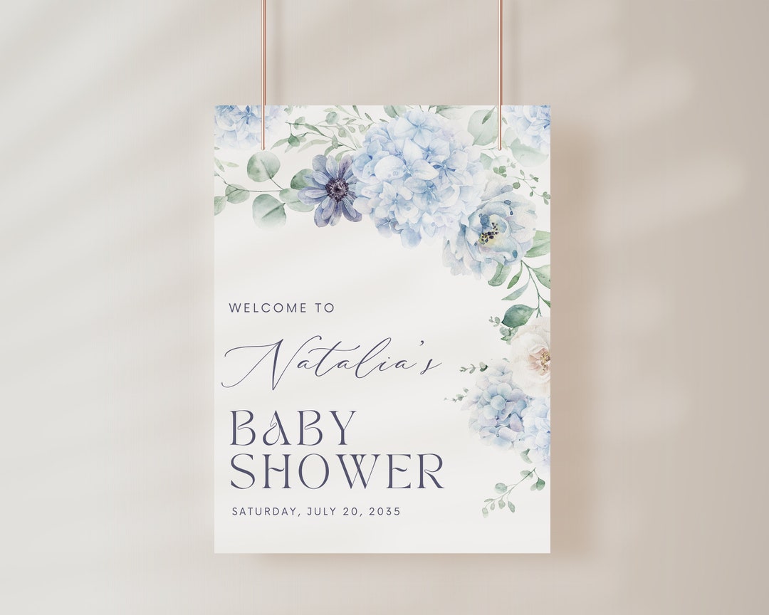 Dusty Blue & White Floral Baby Shower Welcome Sign, Garden, Printable ...